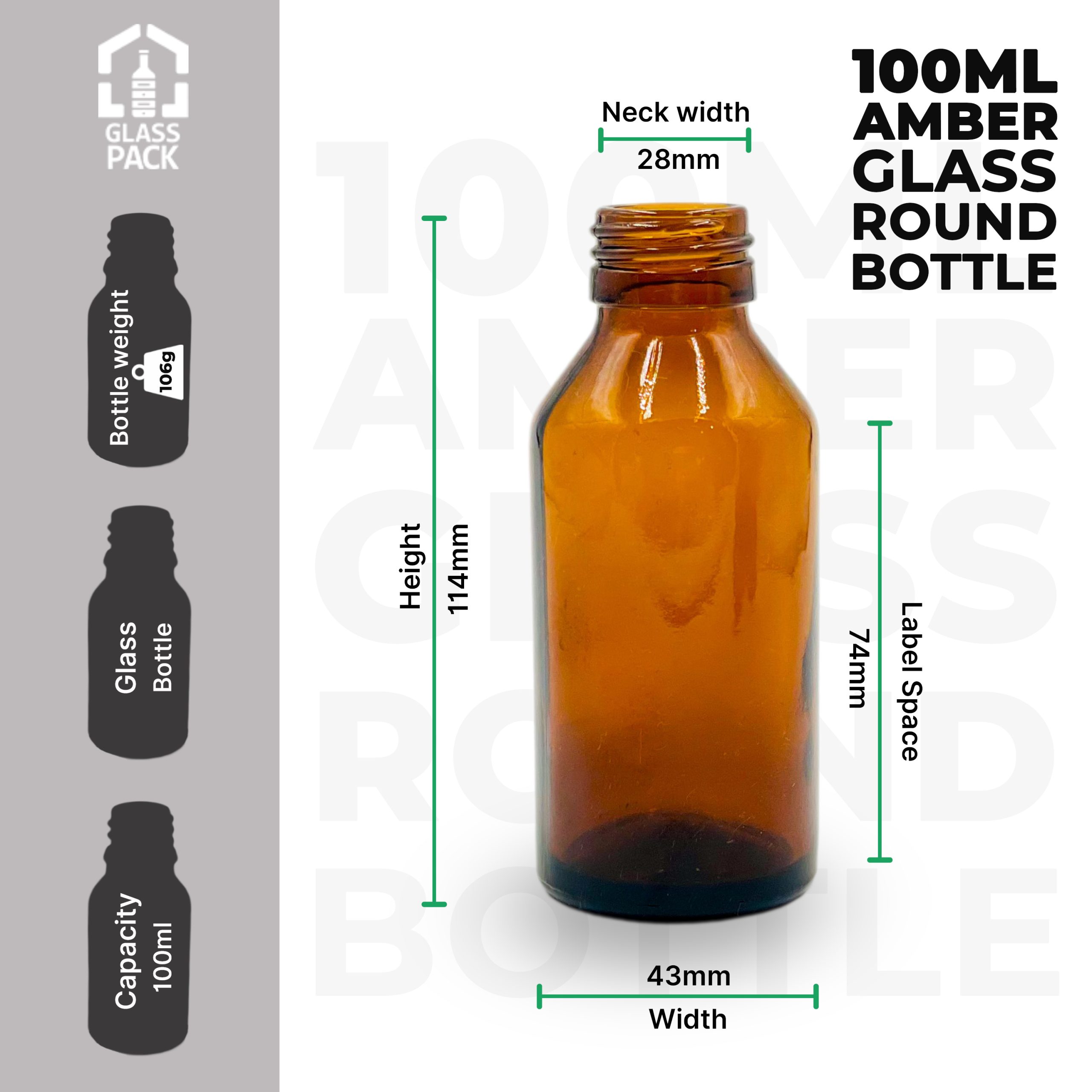 100ml Amber Glass Round Bottles with ROPP – Gold Cap – Glasspack.lk